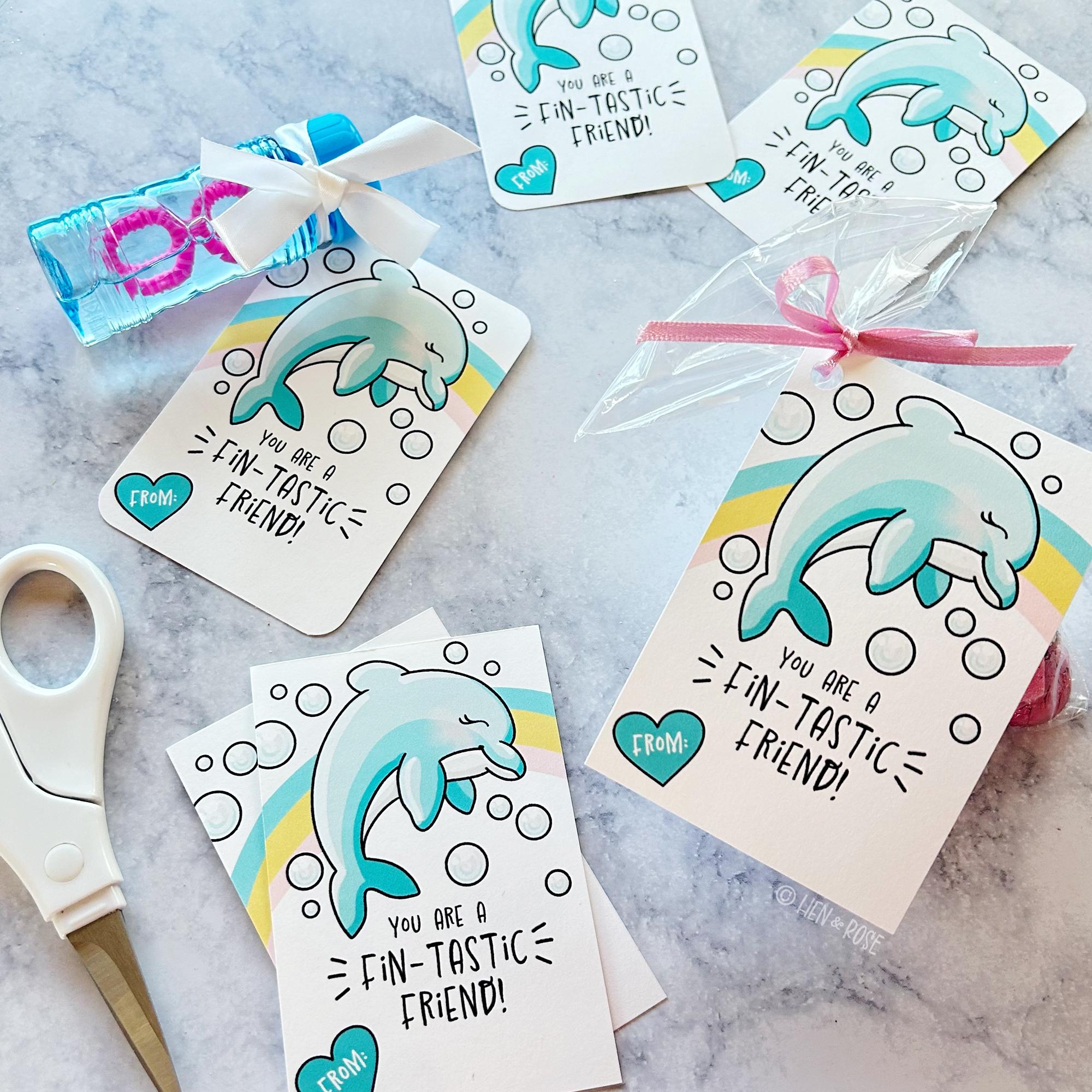 Cute Dolphin Valentines Day Card Printable, Fintastic Friend Bubble Tag ...
