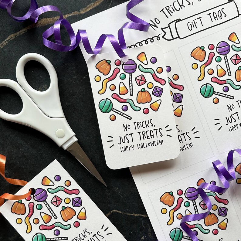 No Tricks Just Treats Tag, Printable Halloween Gift Tags, Assorted ...