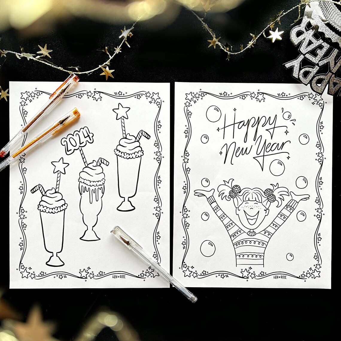 10 New Years Eve Coloring Pages Hand Drawn Illustrations Noon Years Eve ...