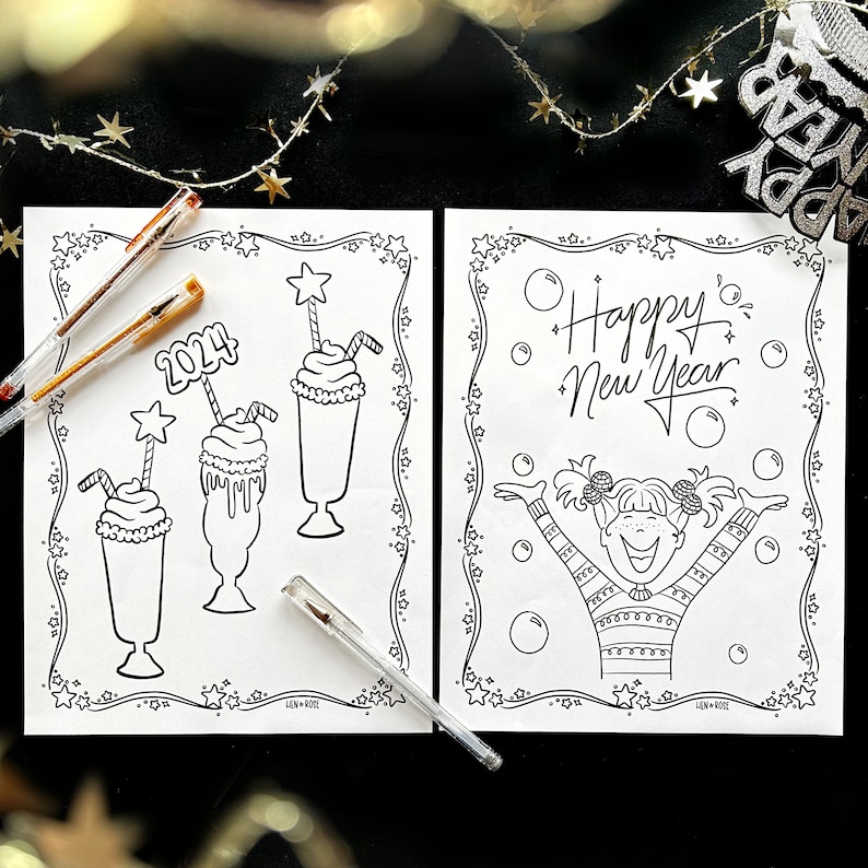 10 New Years Eve Coloring Pages Hand Drawn Illustrations Noon Years Eve ...