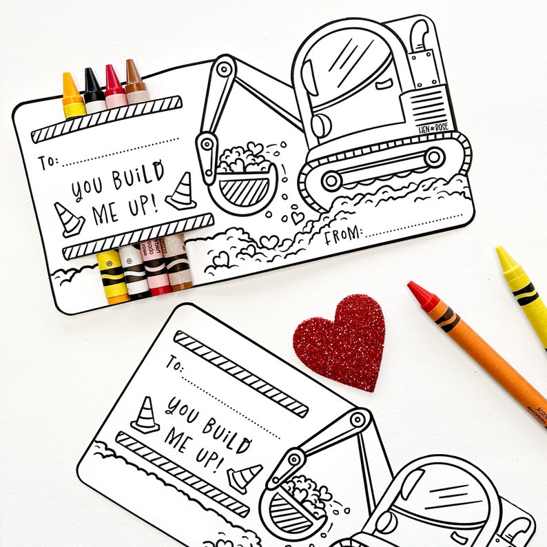 Construction Coloring Card for Kids, Cute Noncandy Valentine for Class ...