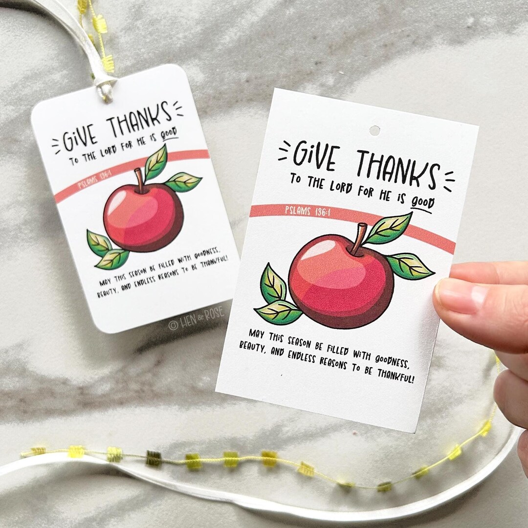 Give Thanks Bible Verse Printable Tag, Fall Apple Teacher Blessing Card ...
