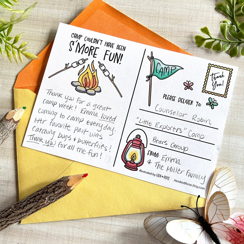 Printable Camp Thank You Card, Hand Drawn Counselor Postcard, Volunteer ...