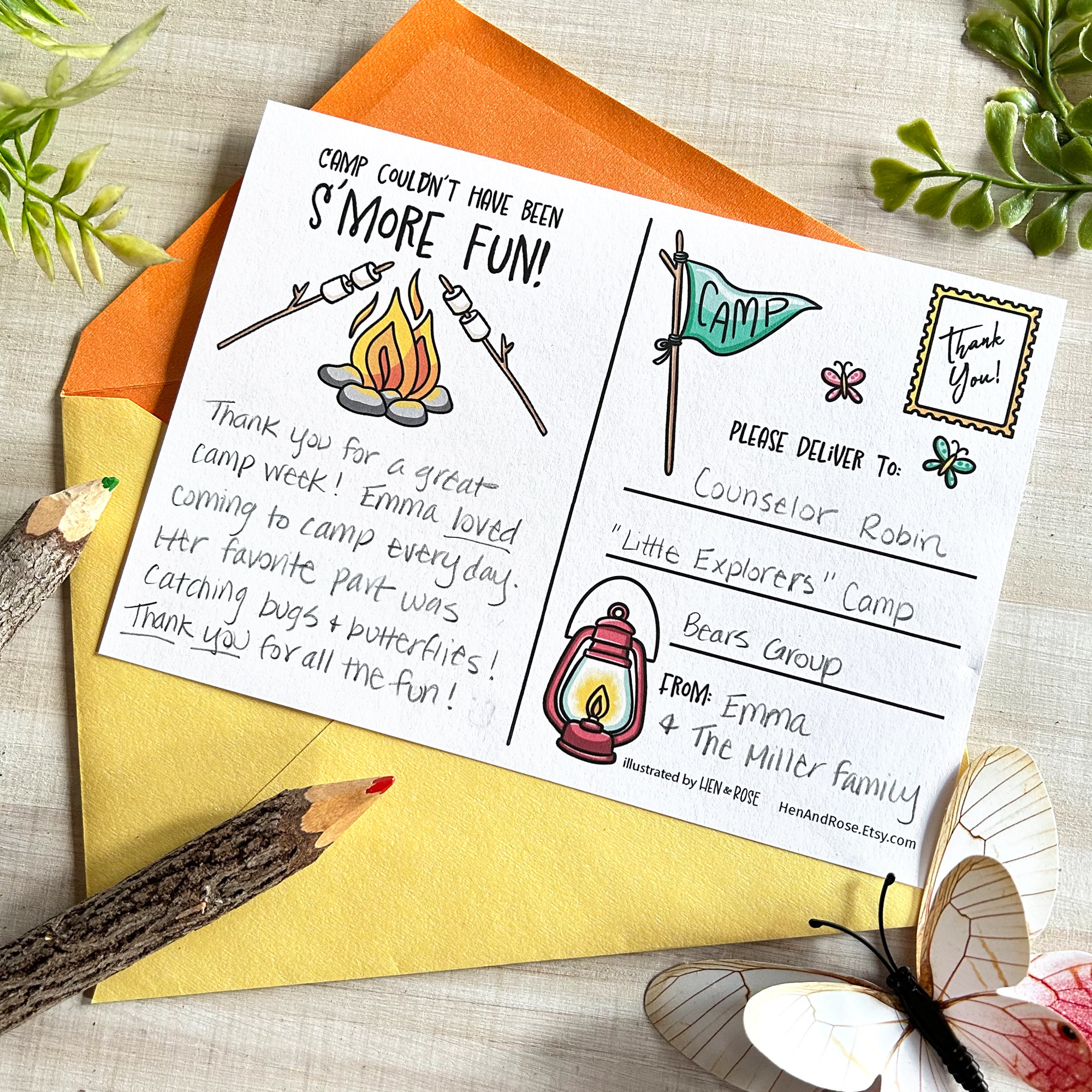 Printable Camp Thank You Card, Hand Drawn Counselor Postcard, Volunteer ...