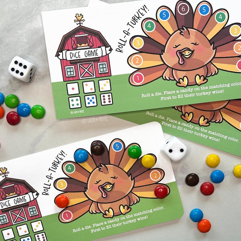 Roll A Turkey Dice Game Printable, Kid Thanksgiving Table Party Game ...
