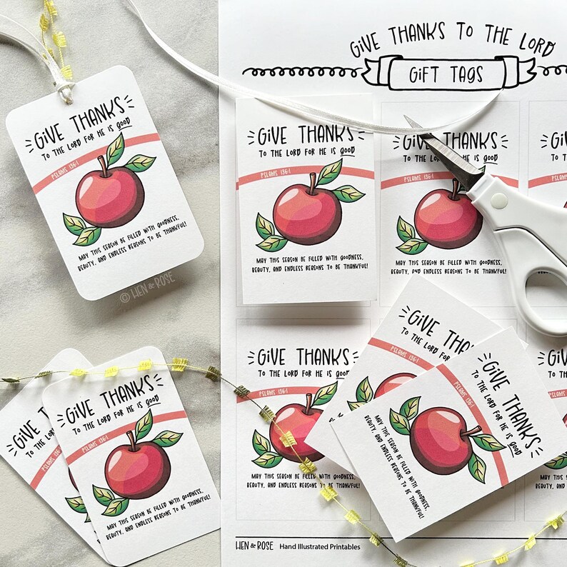 Give Thanks Bible Verse Printable Tag, Fall Apple Teacher Blessing Card ...