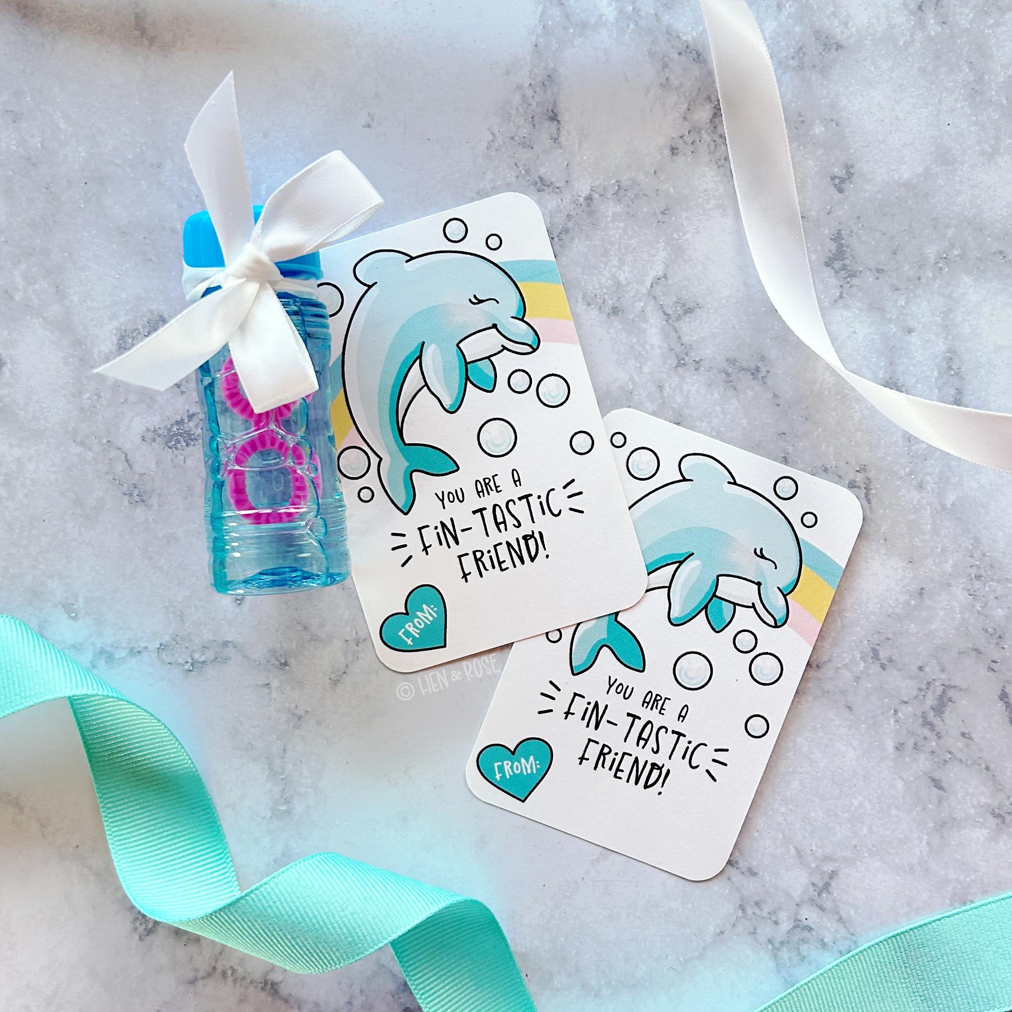 Cute Dolphin Valentines Day Card Printable, Fintastic Friend Bubble Tag ...