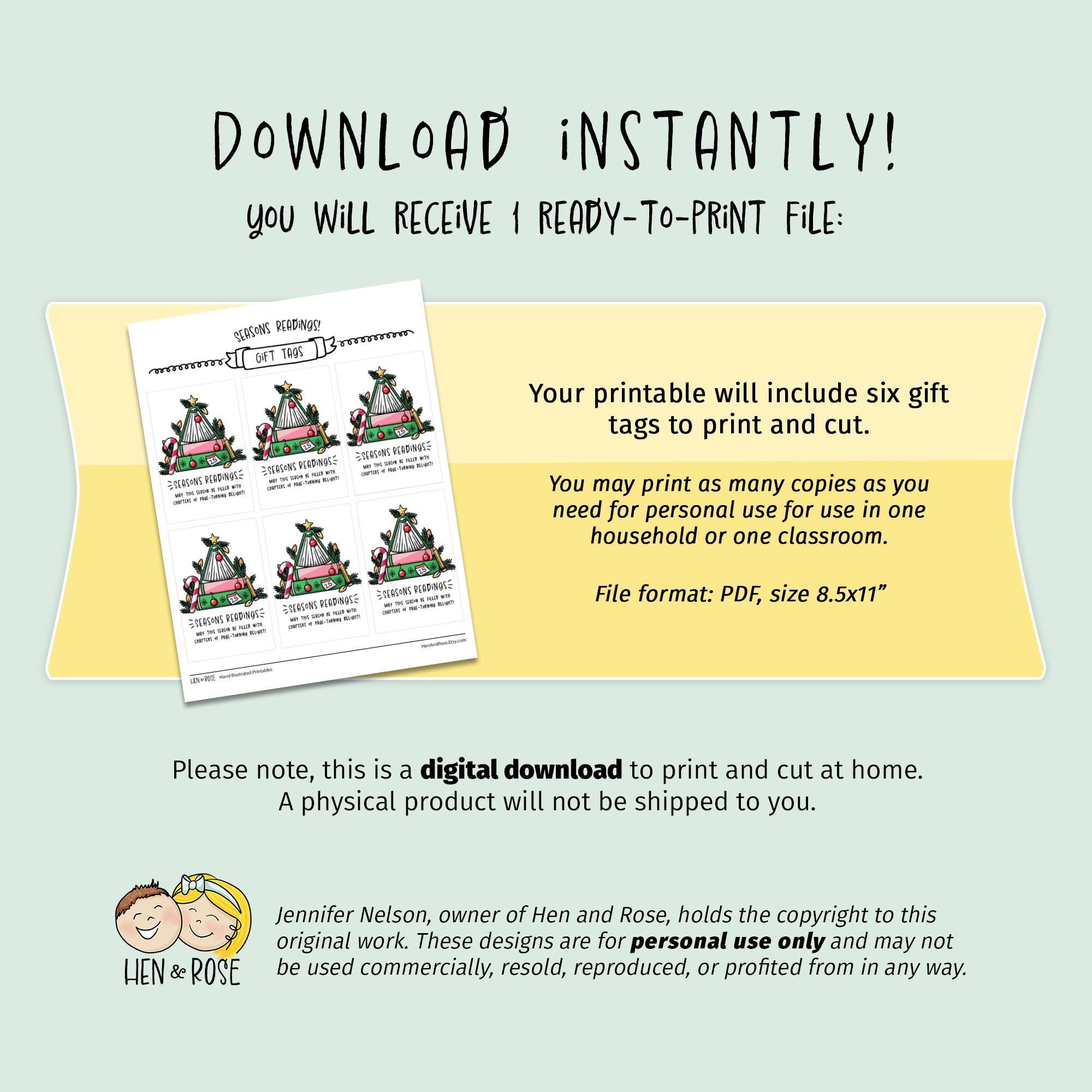 Seasons Readings Gift Tag Printable, Christmas Card for Book Lover to ...