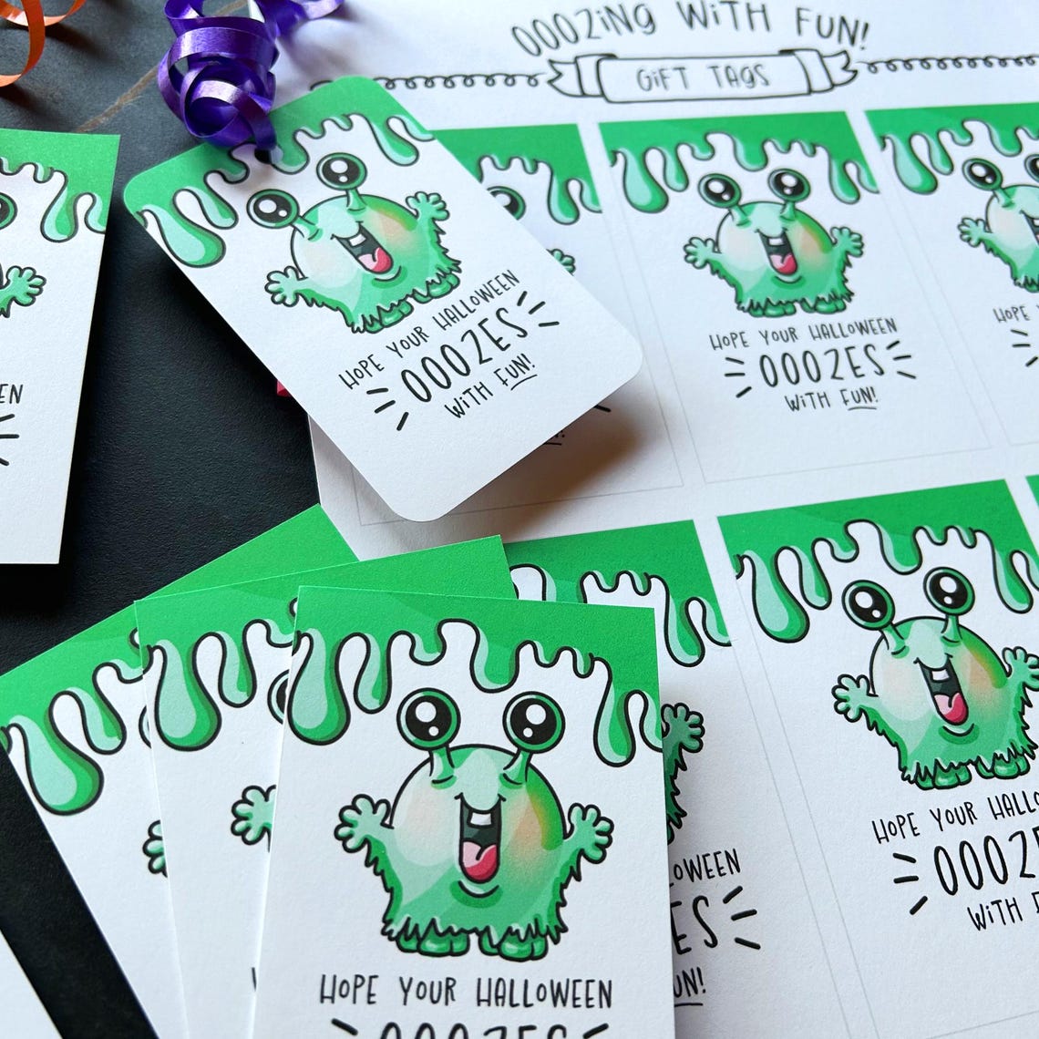 Cute Slime Monster Tags, Printable Halloween Alien Gift Tag, Hand Drawn ...
