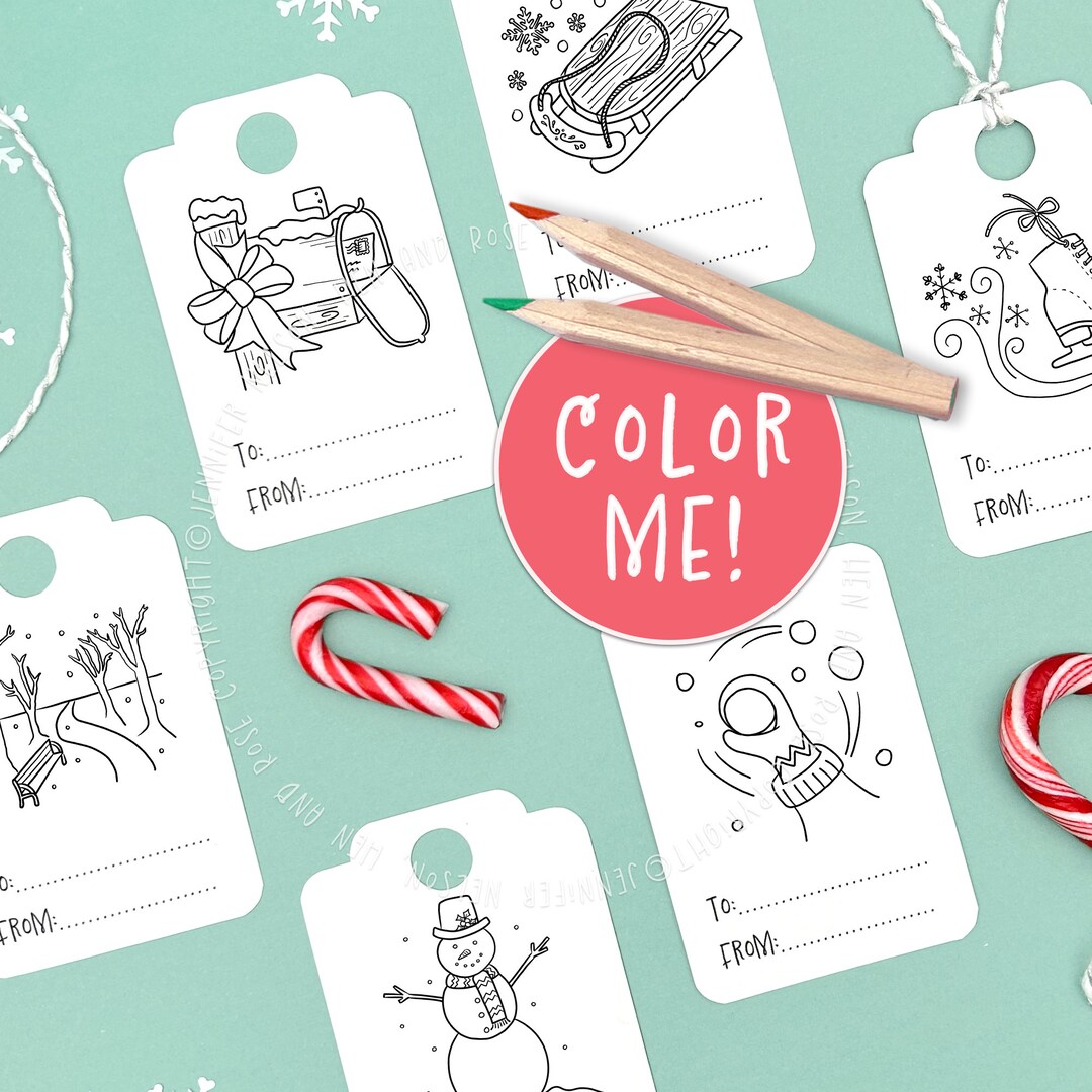 Winter Coloring Gift Tags, Snowy Christmas Holiday Season, Instant ...