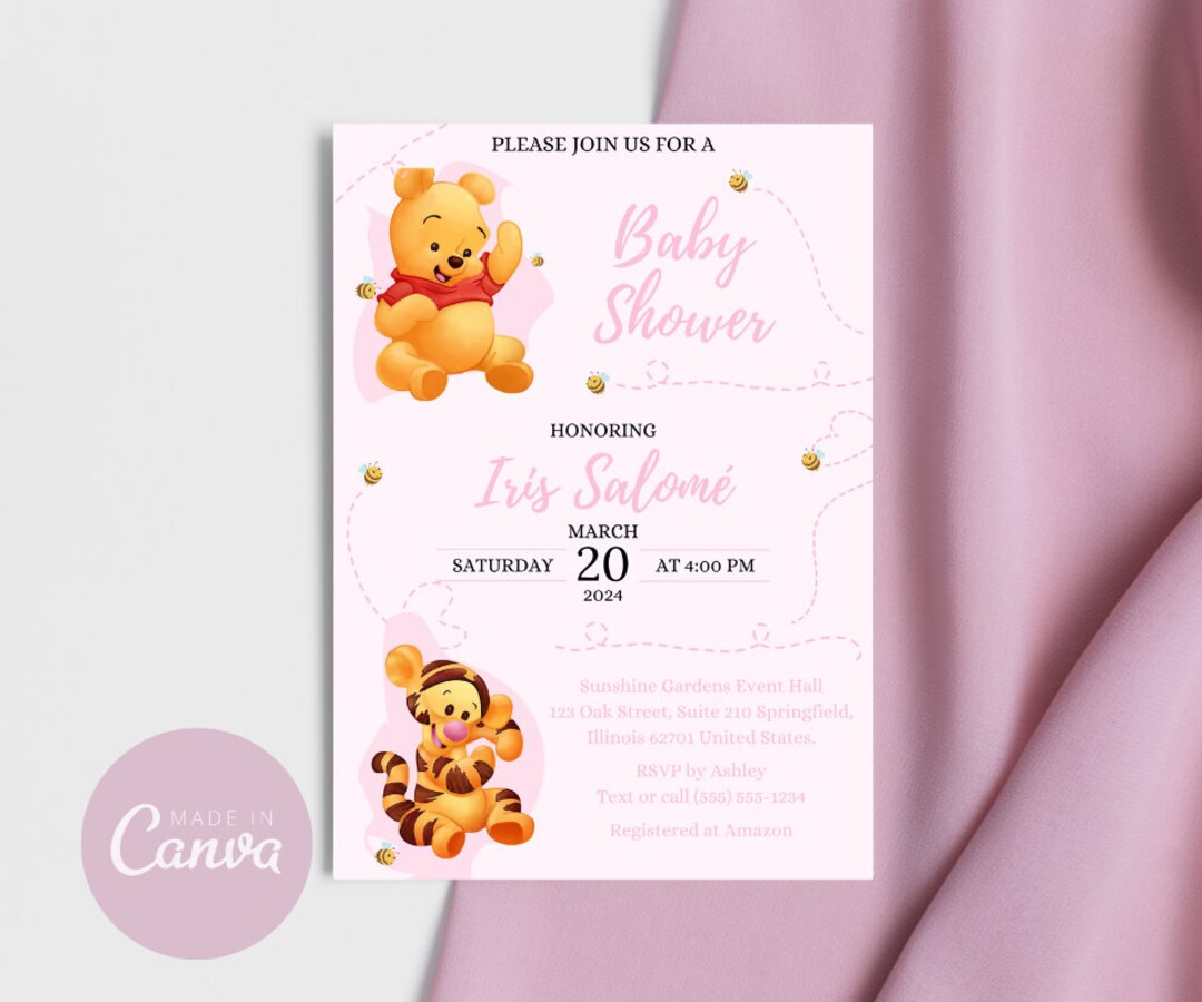 Editable Winnie Pooh and Tigger Baby Shower Invitation Template Pink ...
