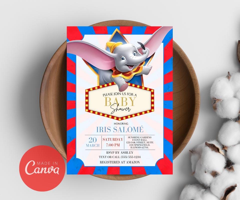 Invitation Editable Dumbo Baby Shower Invitation Template Red and Blue ...