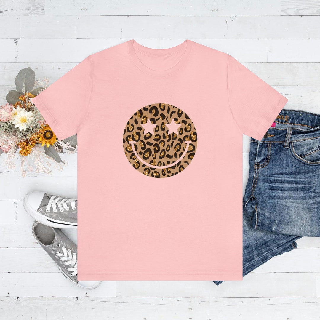 Leopard Print Smiley Face Tshirt, Star Eyes, Leopard Print Smiley Face ...