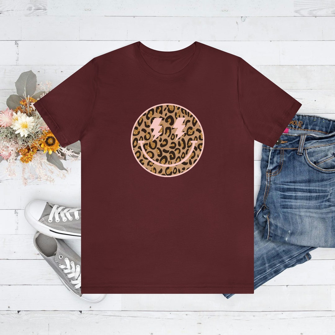Leopard Print Smiley Face Tshirt, Lightening Bolt Eyes, Leopard Print ...