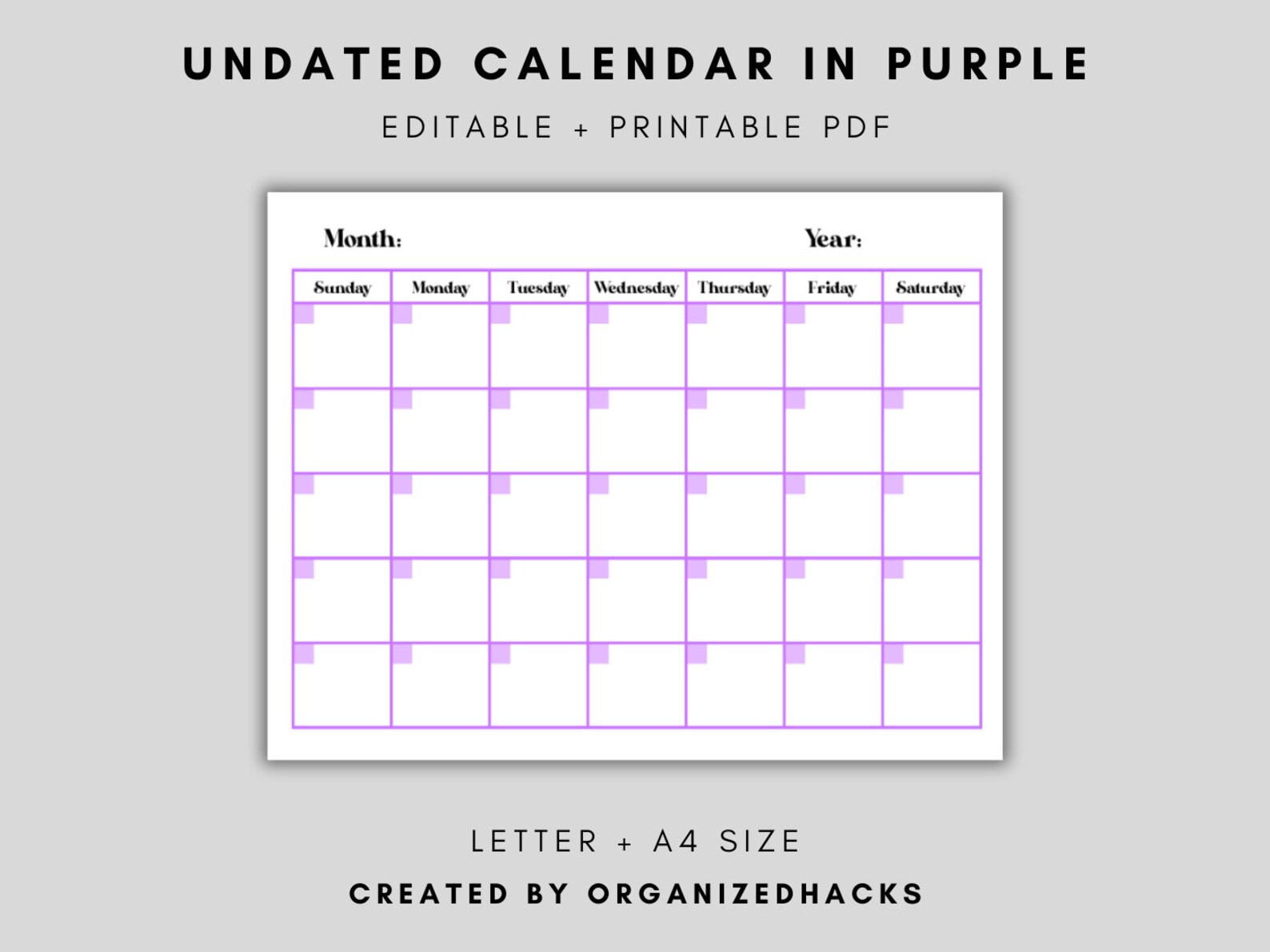 Undated Monthly Printable and Editable Calendar, Purple Fillable ...