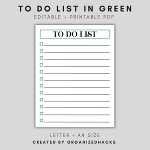 To Do List Printable and Editable, Green Detail Oriented Check off List ...