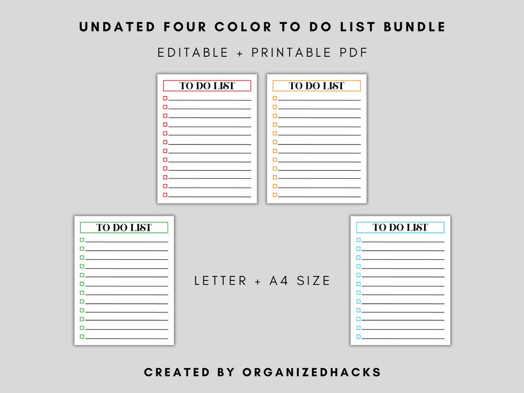 Undated Four Color Printable and Editable to Do List, Fillable Planner ...