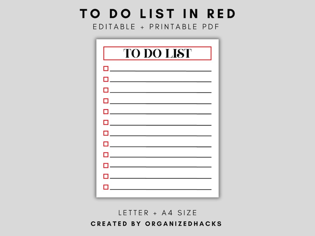 To Do List Printable and Editable, Red Detail Oriented Check off List ...