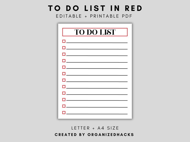 To Do List Printable and Editable, Red Detail Oriented Check off List ...