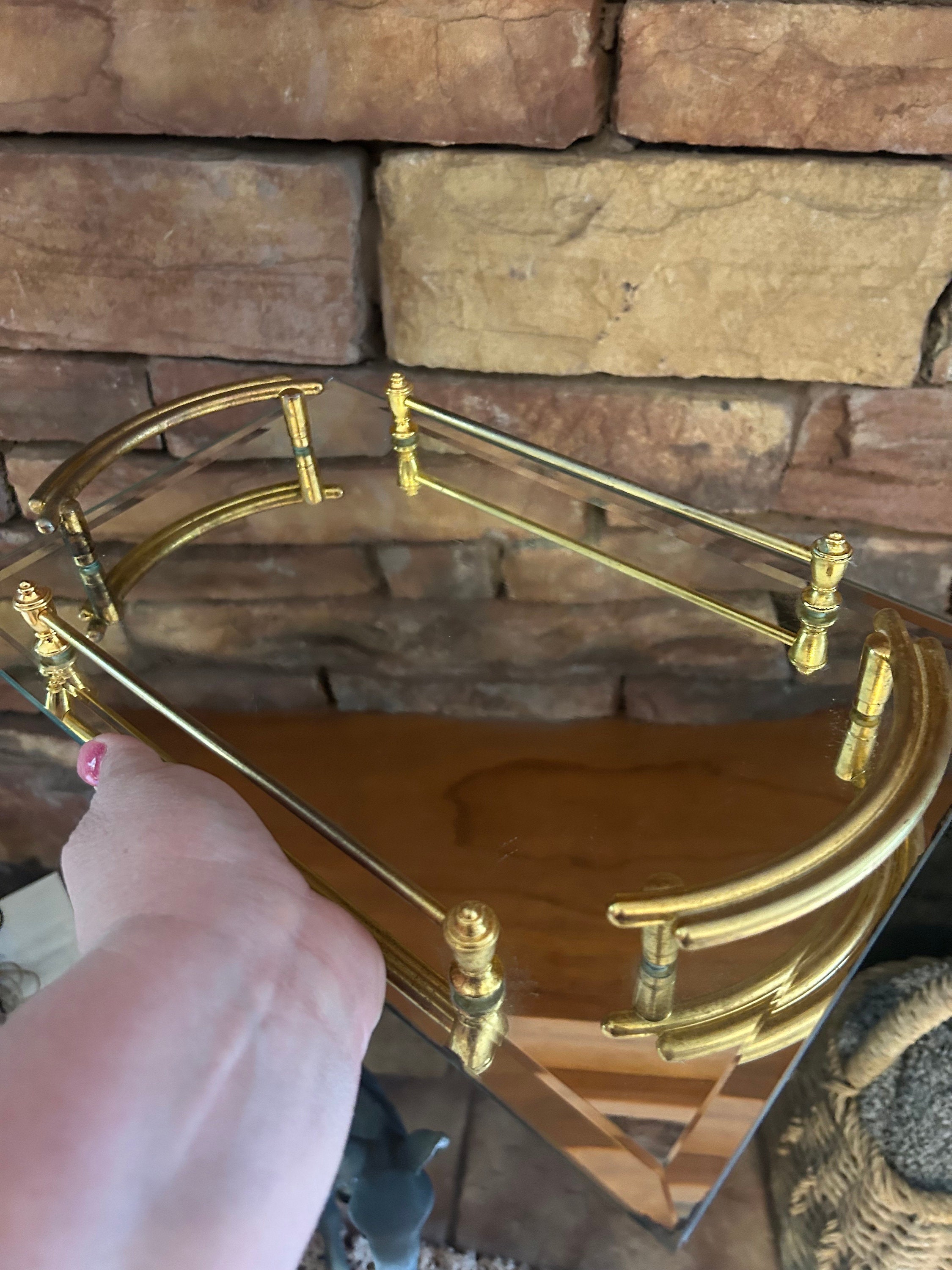 Vintage Beveled Mirror Vanity Tray With Brass Handles - Etsy