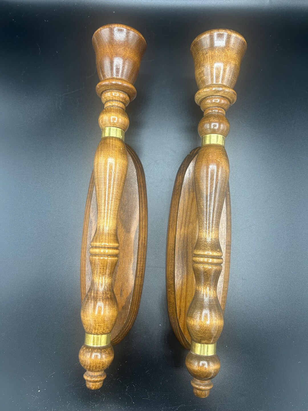 Pair of Vintage Wood Spindle Wall Mount Candle Sconces With Brass Trim ...