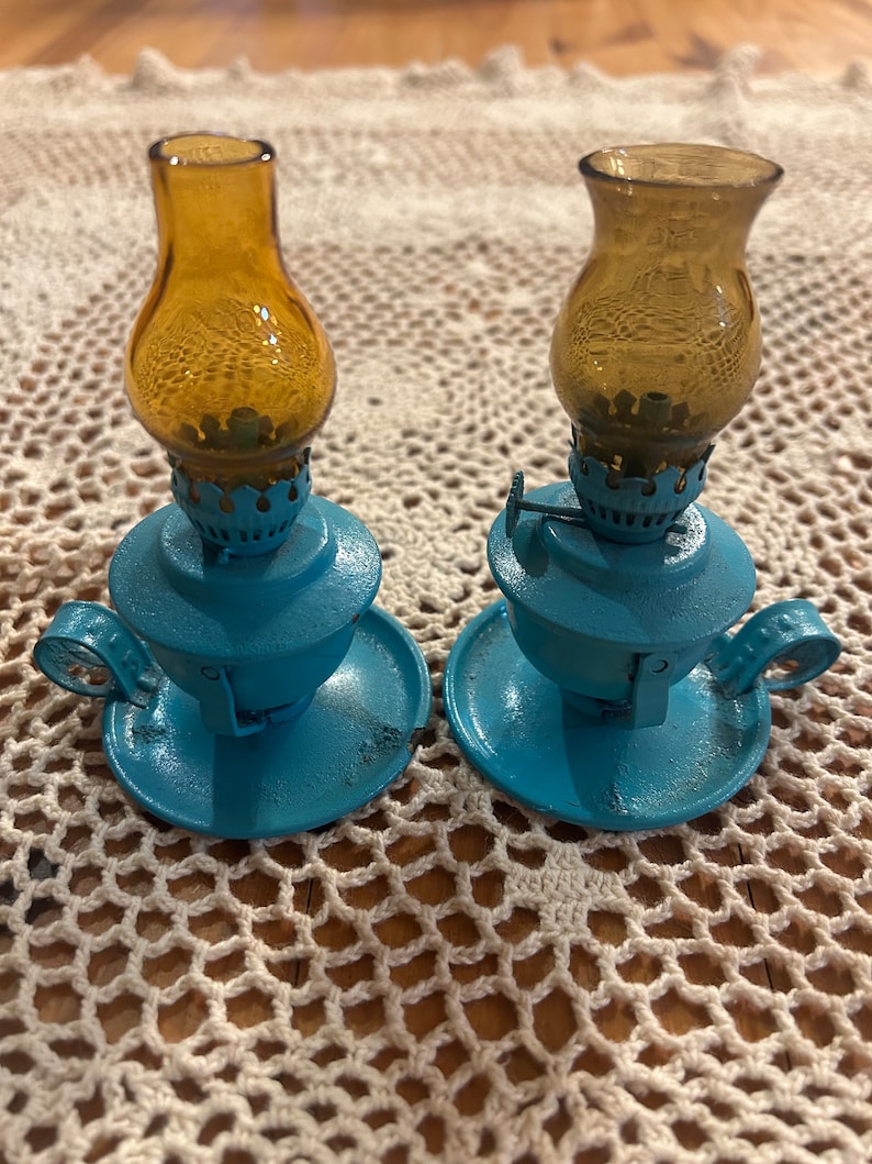 Miniature Set of Turquoise Faux Oil Lamps With Amber Shades - Etsy