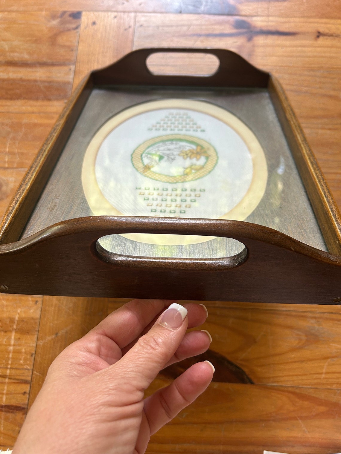 Wooden Decorative Tray With Handles, Needlepoint With Glass Covering - Etsy