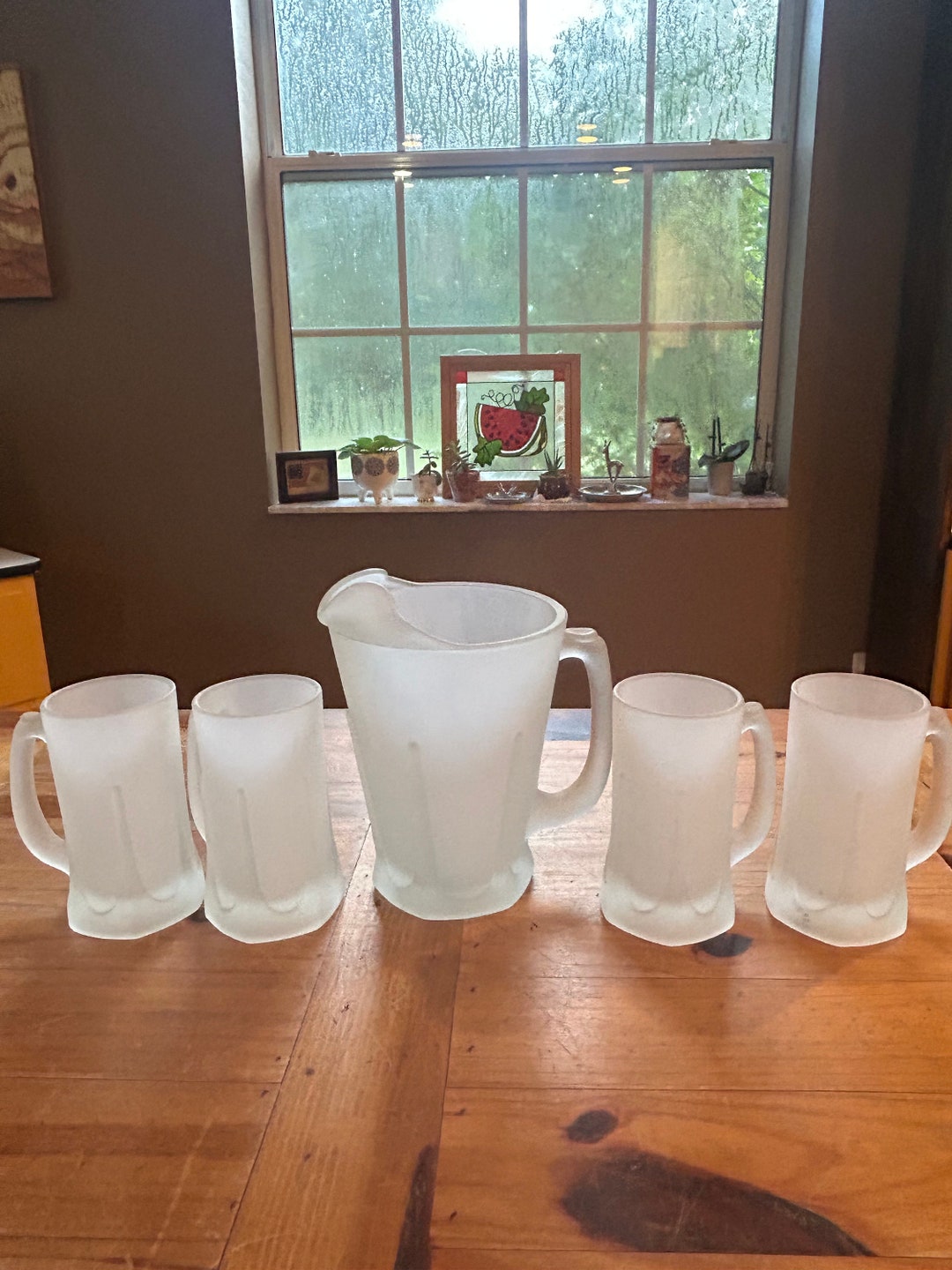 Frosted Crystal Clear Indiana Satin Glass Tiara Pitcher and Mug/tankard ...