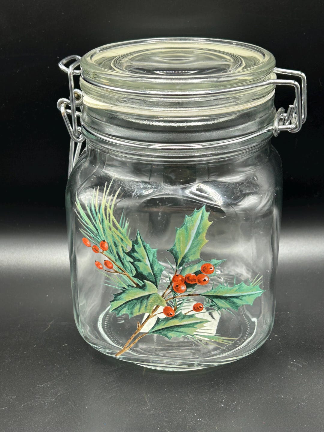 Vintage Glass Canister With Locking Lid and Seal With Holly Leaves and ...