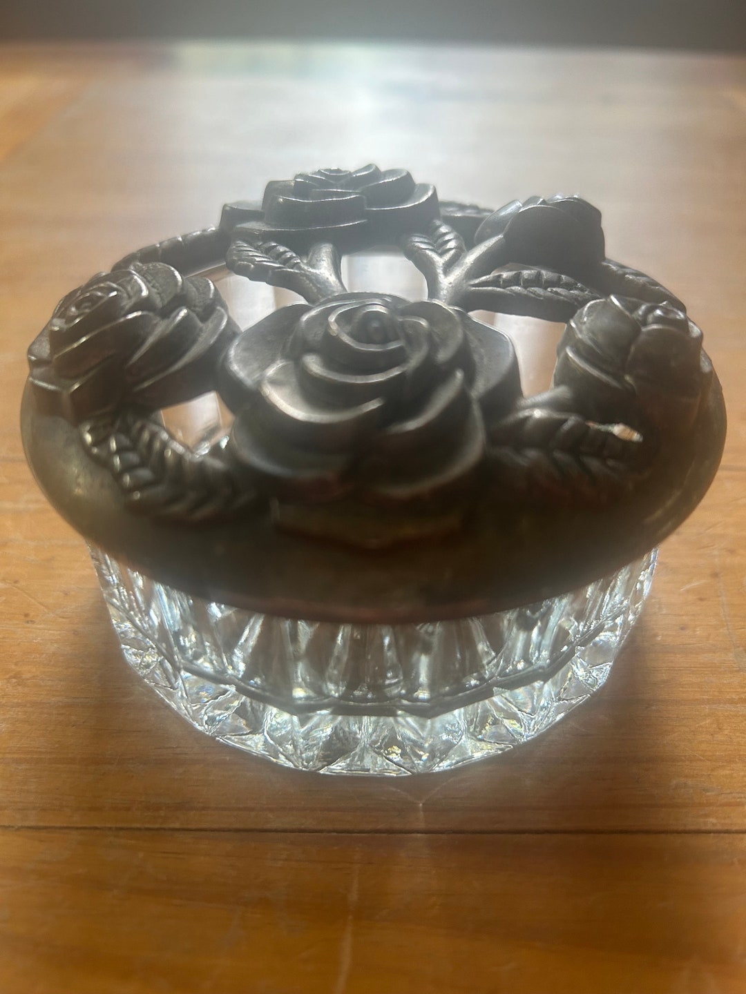 Glass Powder Jar and Pewter Lid With Cut Out Roses and Leaves - Etsy