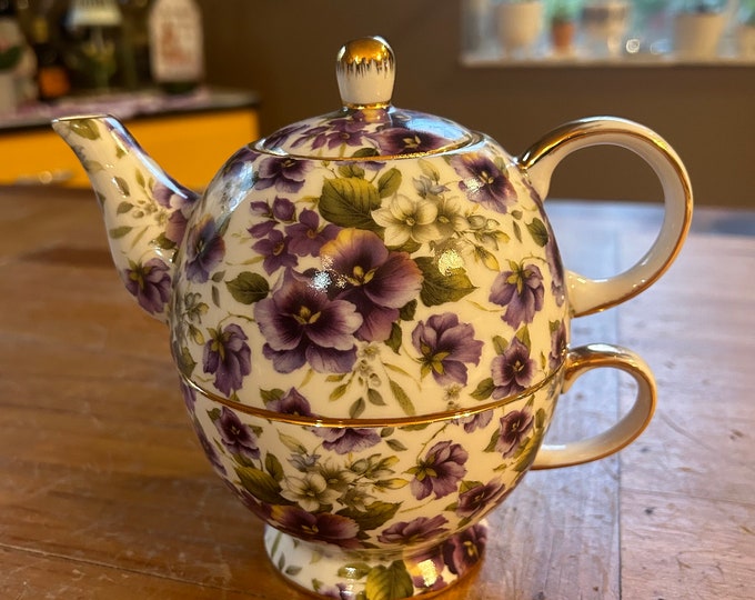 Pansy Porcelain Tea for One, Stacking Teapot and Cup, Purple Pansies - Etsy