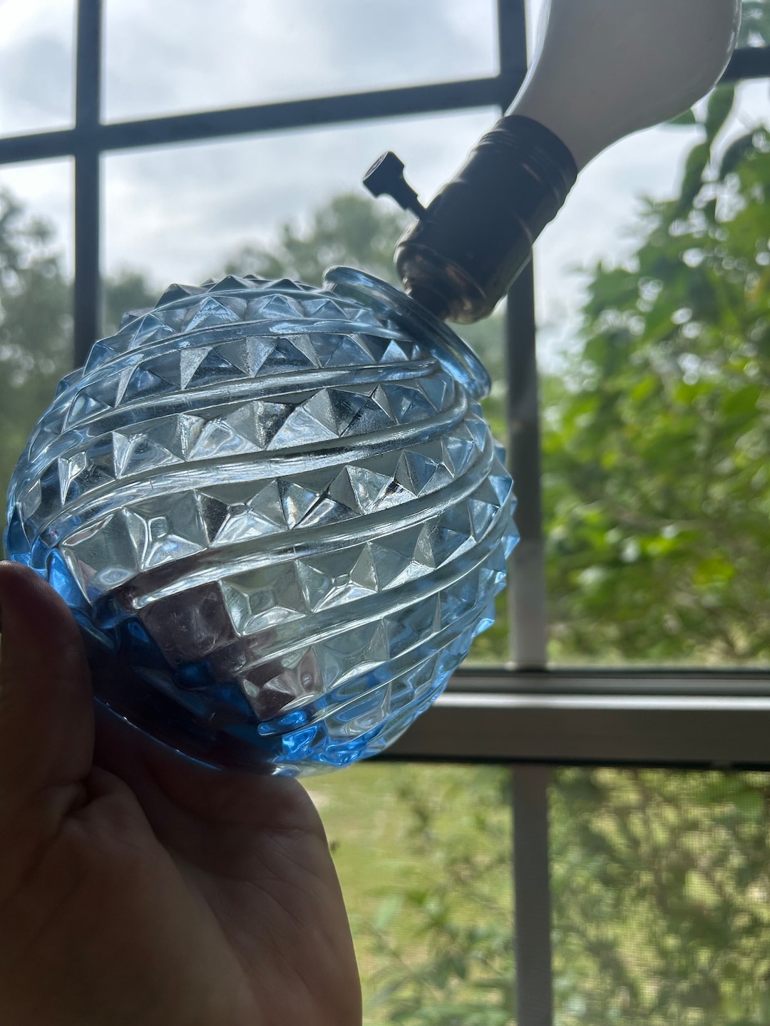 Gorgeous Blue Glass Swirled Diamond Pattern Paulux Three Way Table Lamp ...