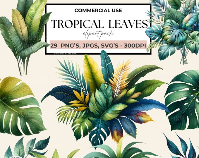 Tropical Leaves Clipart | Green Jungle Leaves | Green Monstera Leaves ...