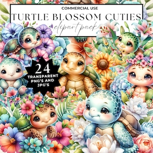 Baby Turtle With Flowers Clipart Watercolor Sea Turtle Clipart Cute ...