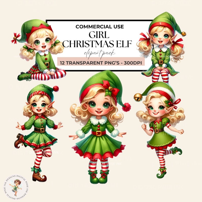 Girl Elf Clipart, Watercolor Santa Elf Clipart, Cute Christmas Girl Elf ...