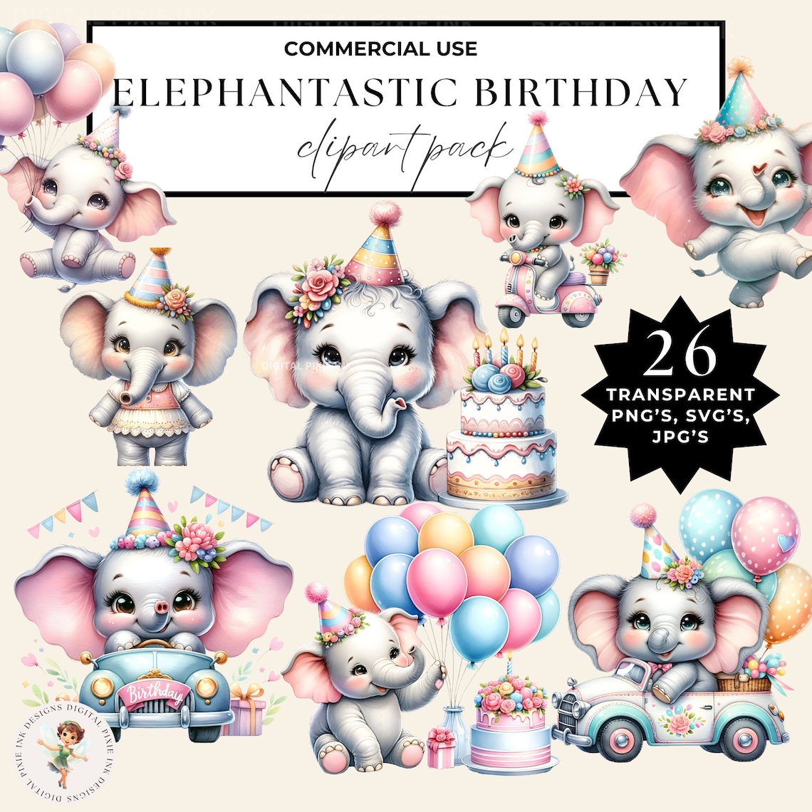 Elephant Birthday Clipart Elephant With Balloon Clipart Cute Elephant ...
