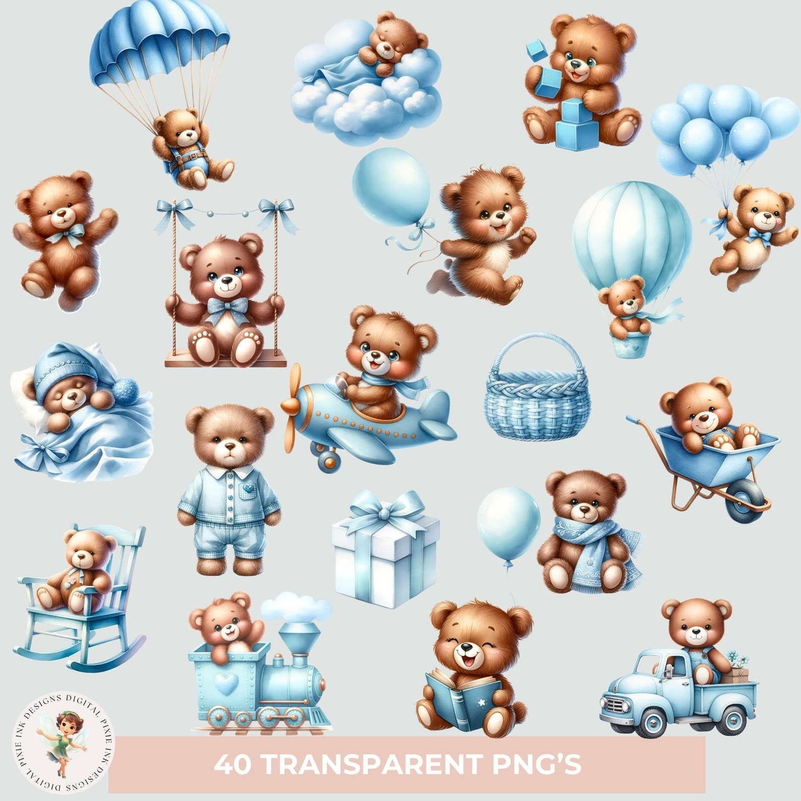 Watercolor Teddy Bear Clipart for Boy, Teddy Bear Clipart With Balloon ...