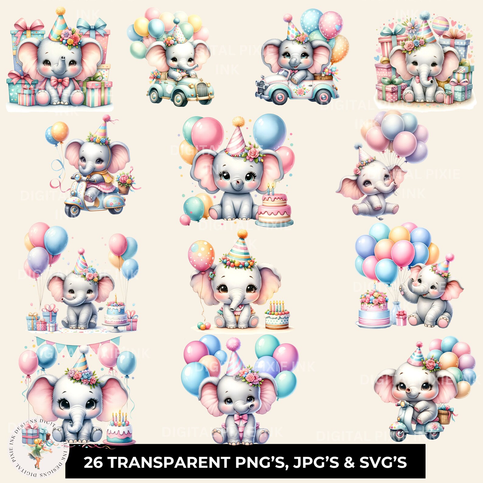 Elephant Birthday Clipart Elephant With Balloon Clipart Cute Elephant ...