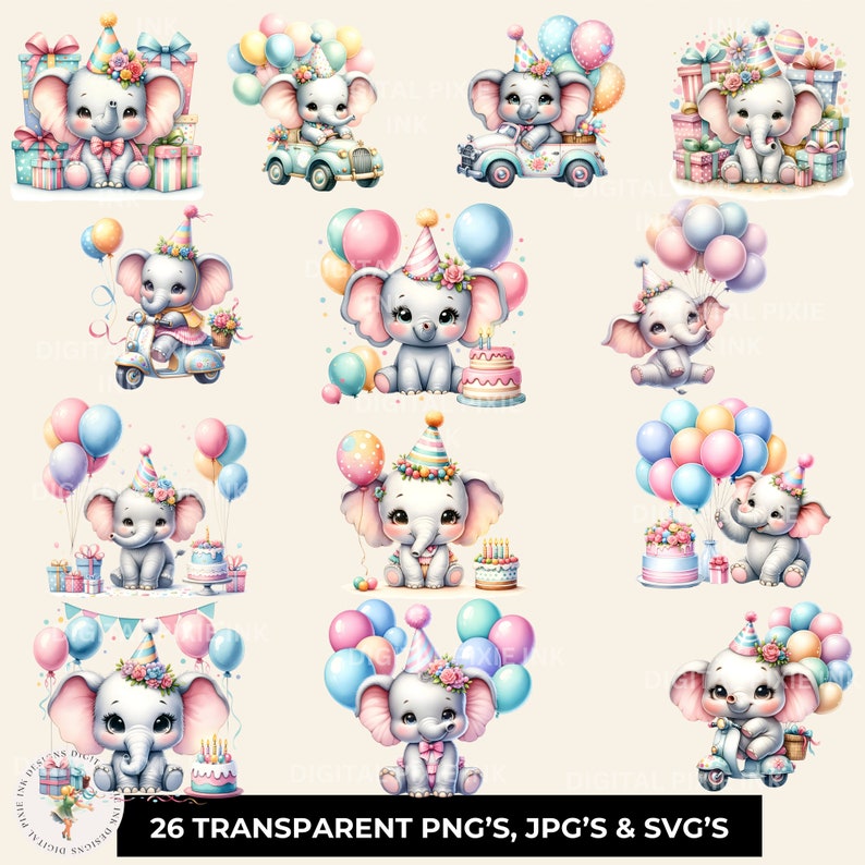 Elephant Birthday Clipart Elephant With Balloon Clipart Cute Elephant ...