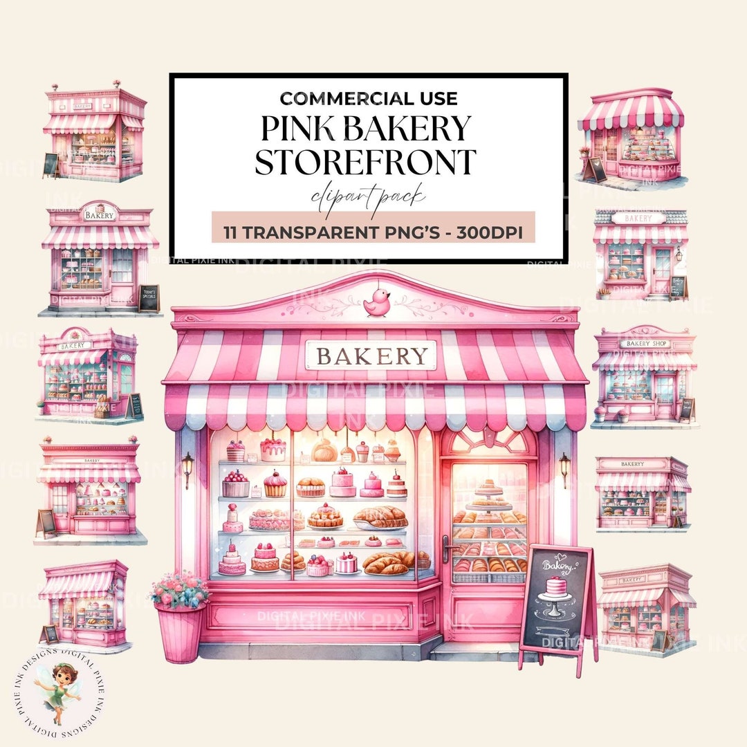 Watercolor Pink Bakery Storefront, Pink Bakery Store, Storefronts ...