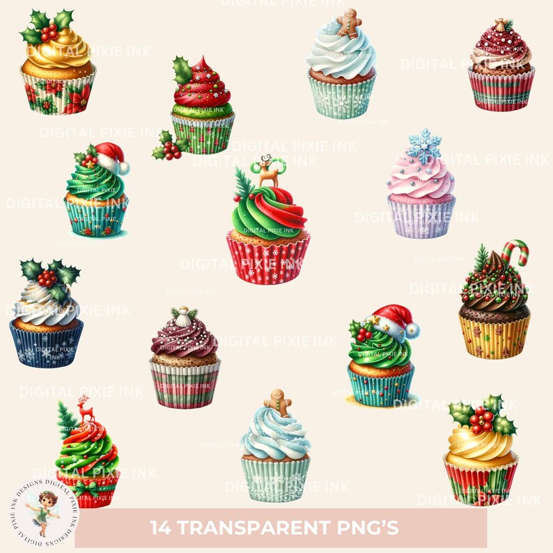 Christmas Cupcake Clipart, Christmas Cupcakes Clipart, Watercolor ...