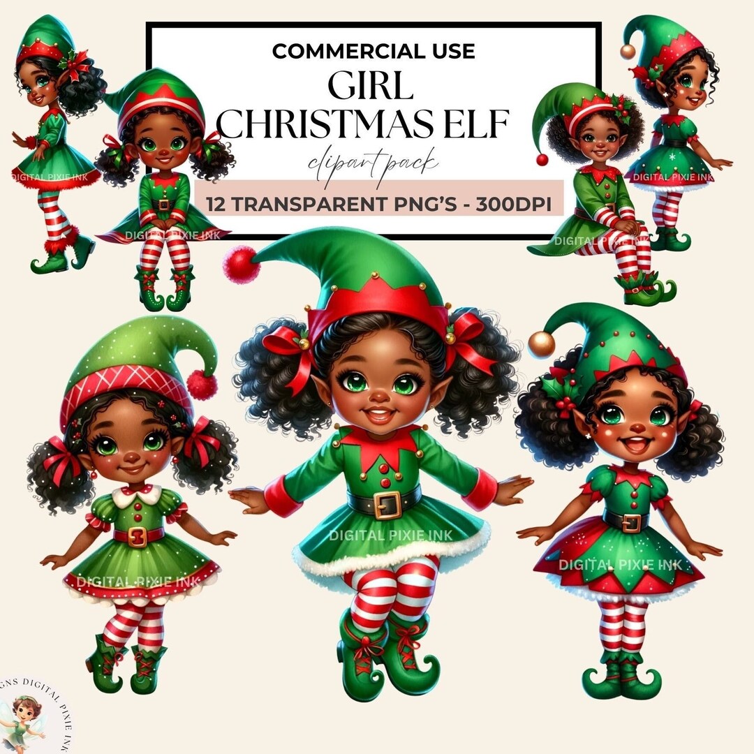 Girl Elf Clipart Black Girl Elf Watercolor Santa Elf Clipart Cute Christmas Girl Elf