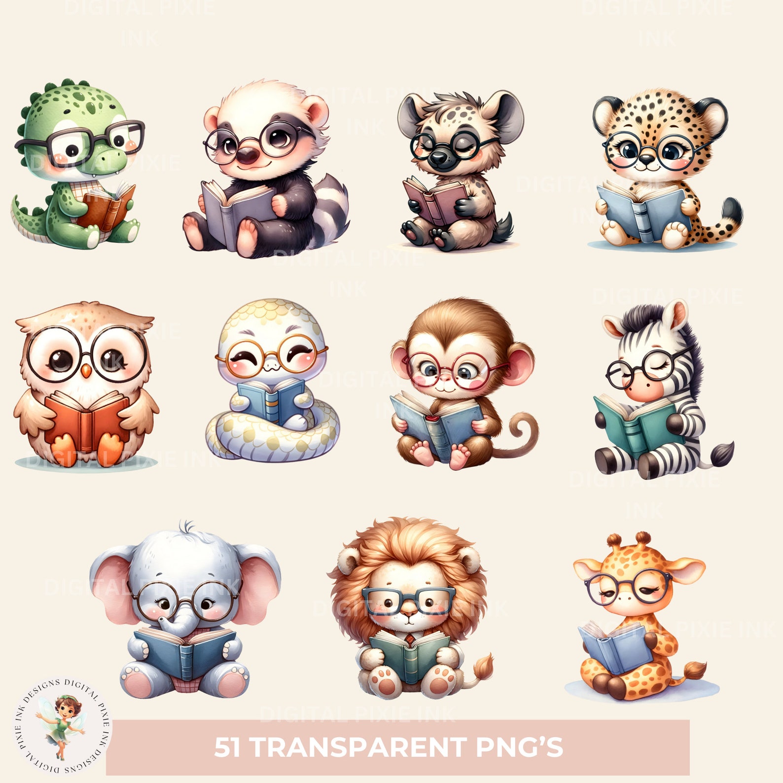 Cute Watercolor Animals Reading Book Clipart, Fantasy Reading Clipart ...