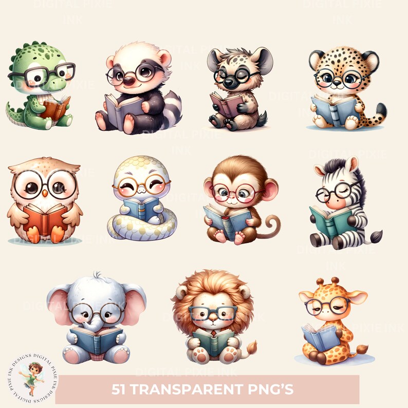 Cute Watercolor Animals Reading Book Clipart, Fantasy Reading Clipart ...