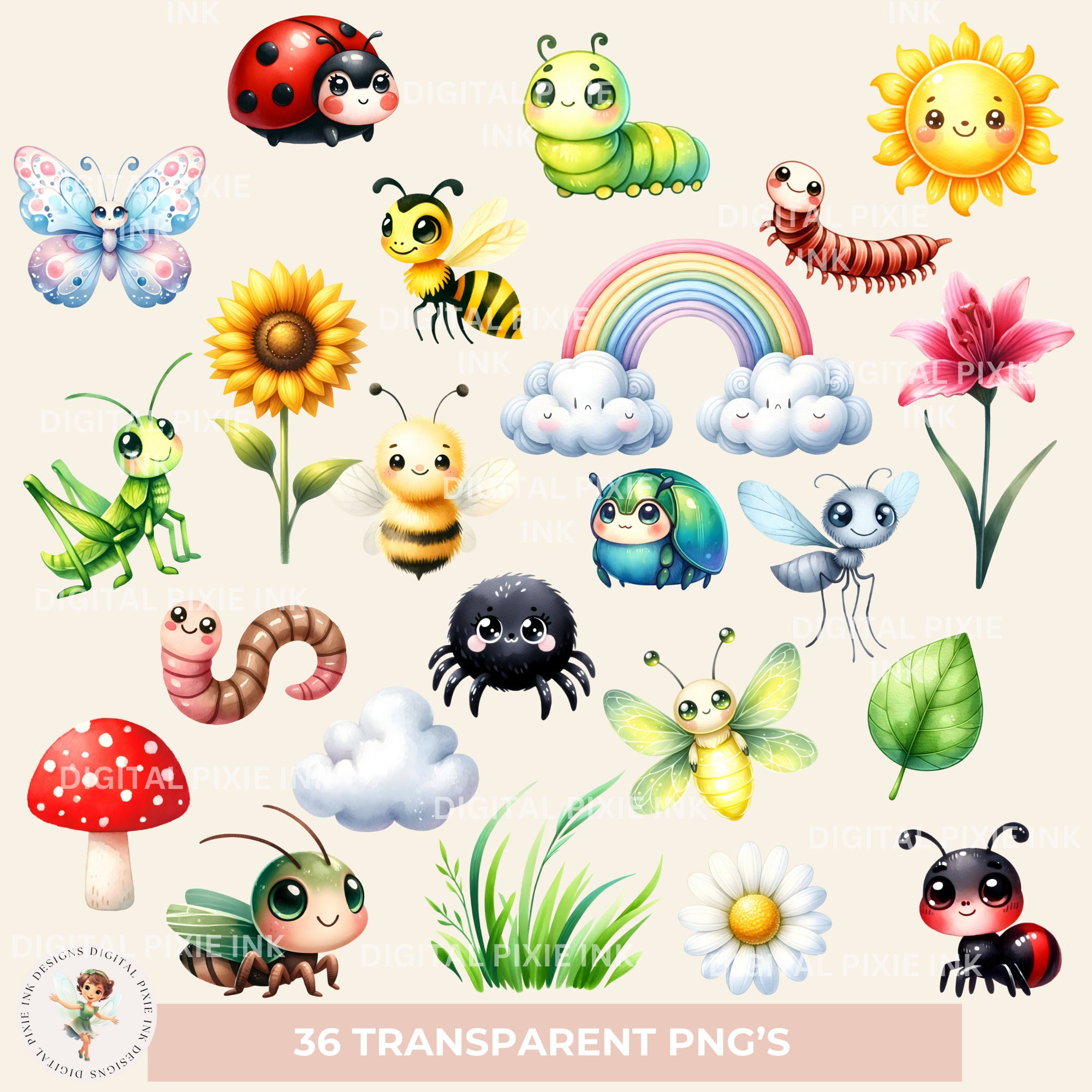 Insects Cliparts Watercolor, Cute Clipart of Insects, Bug Illustrations ...