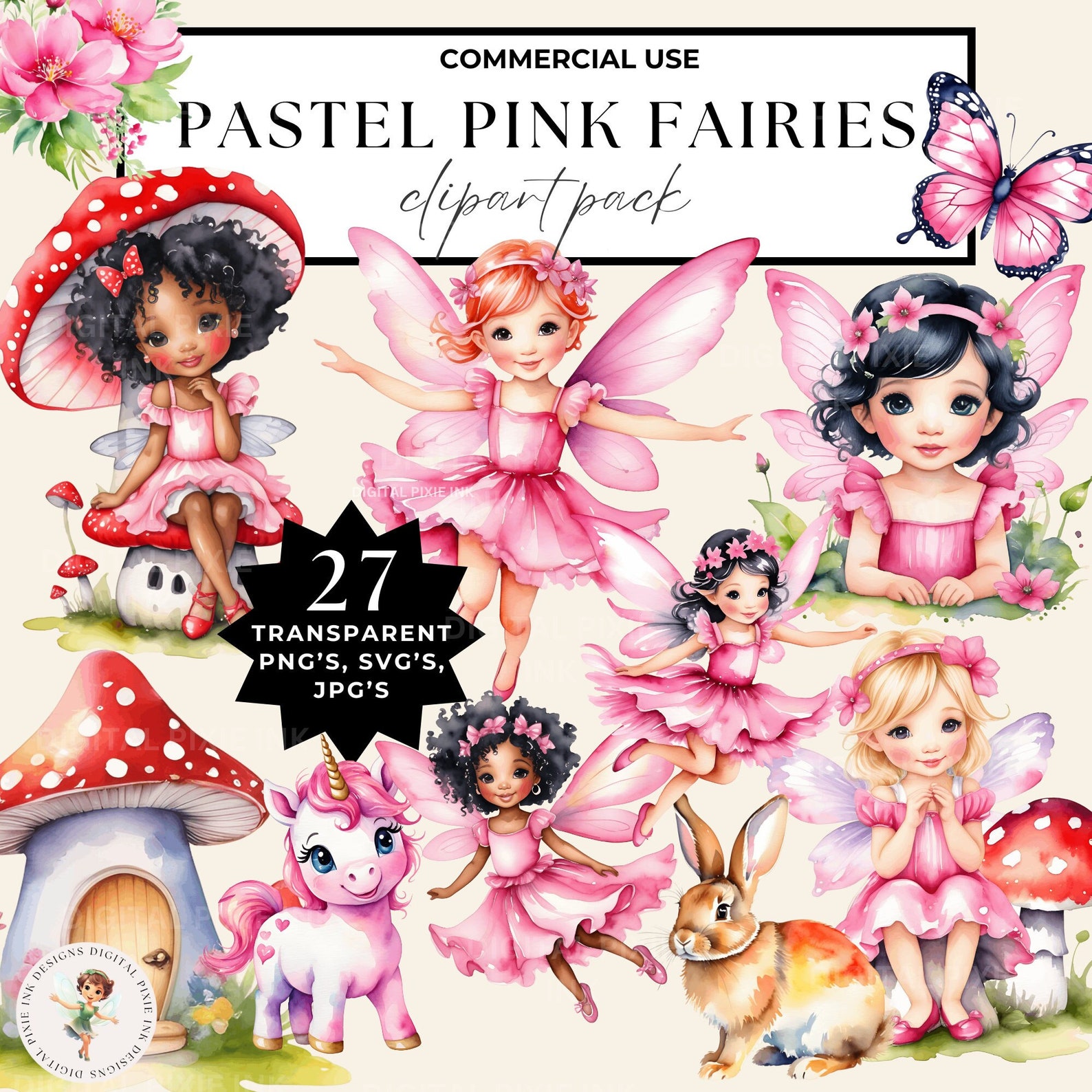 Watercolor Pink Fairy Clipart Bundle Unicorn and Fairy Magical Flower ...