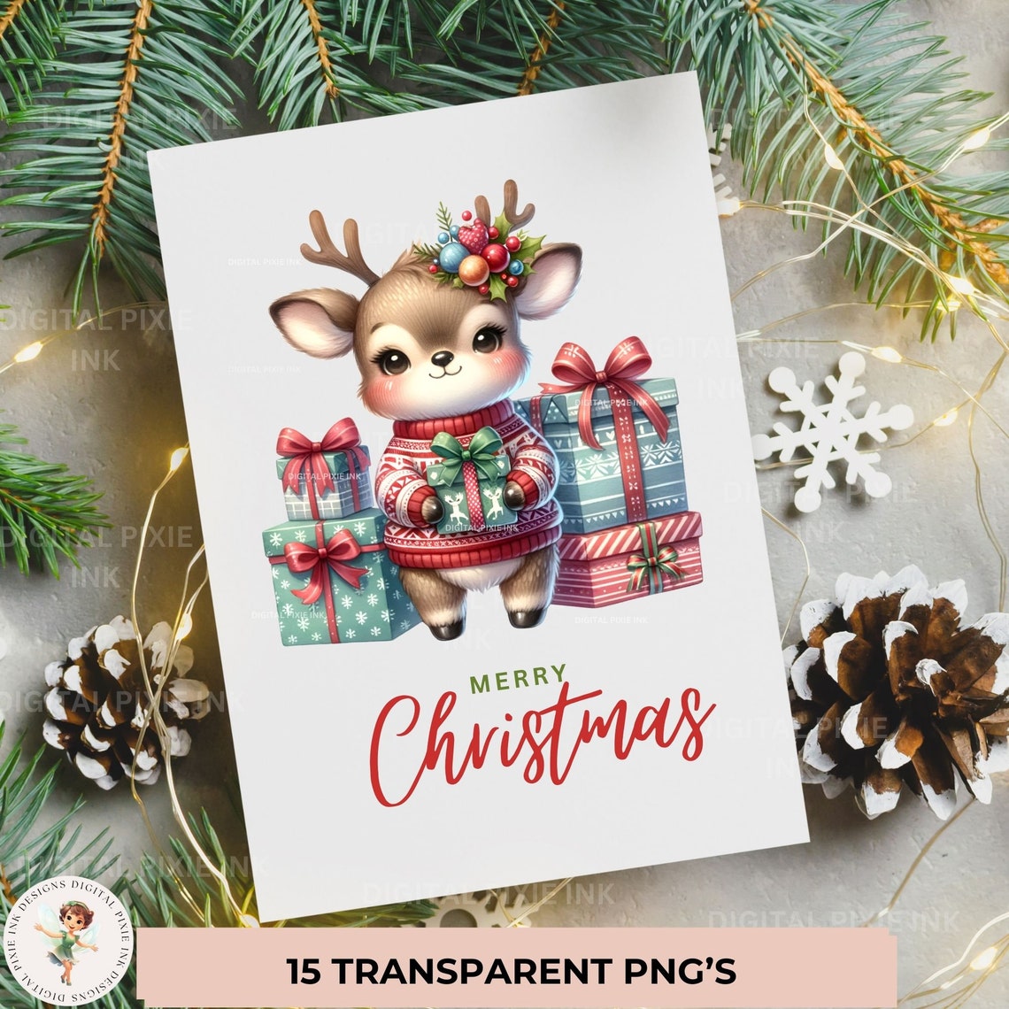 Watercolor Christmas Baby Reindeer Clipart, Cute Reindeer Clipart ...
