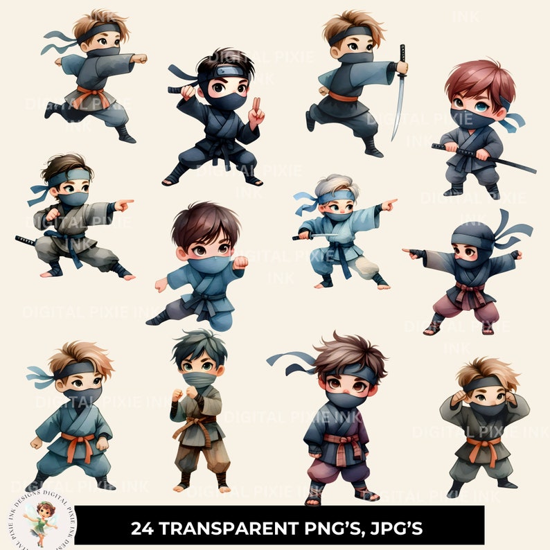 Ninja Clipart, Ninja Birthday Clipart, Cute Warrior Kids Png Bundle ...