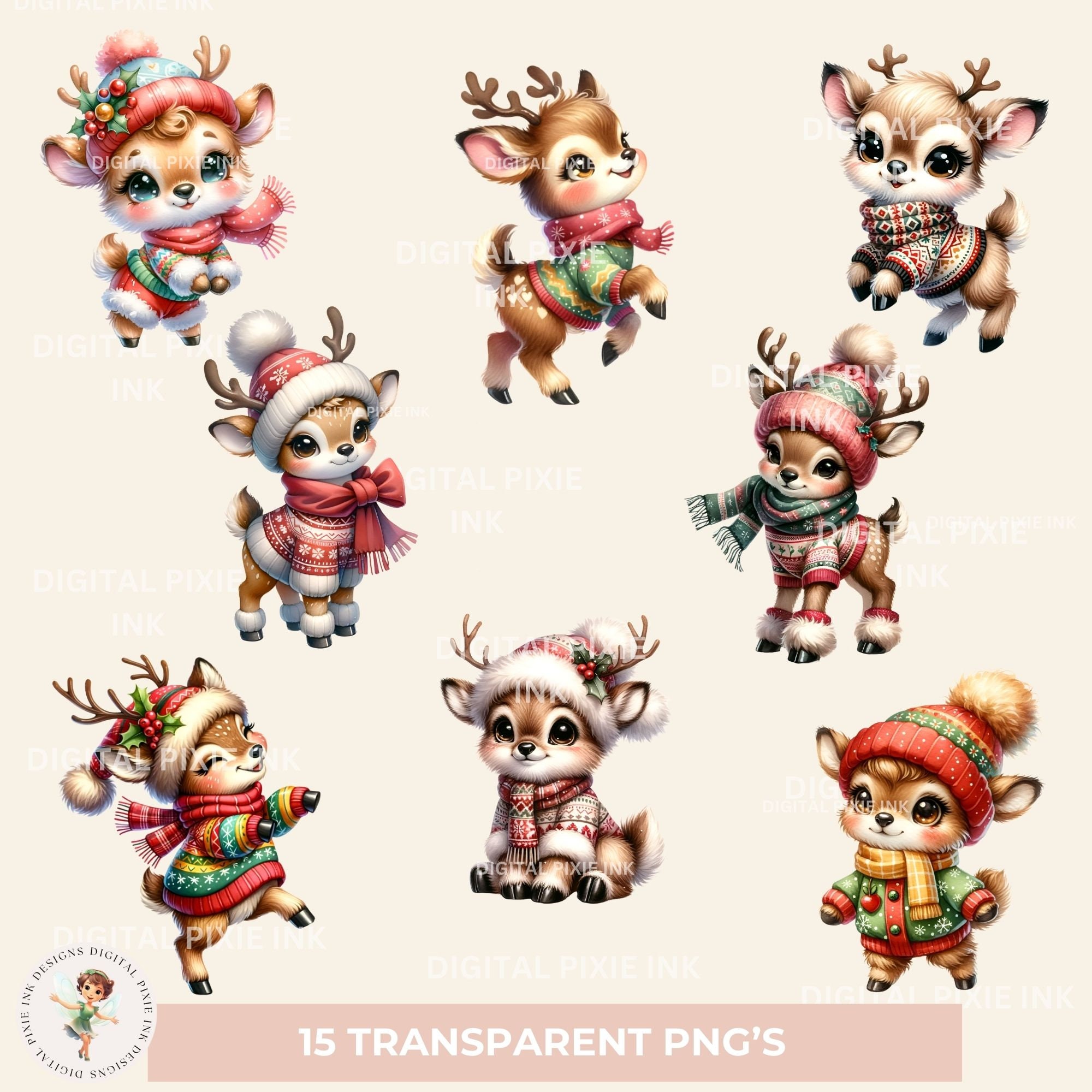 Watercolor Christmas Baby Reindeer Clipart, Cute Reindeer Clipart ...