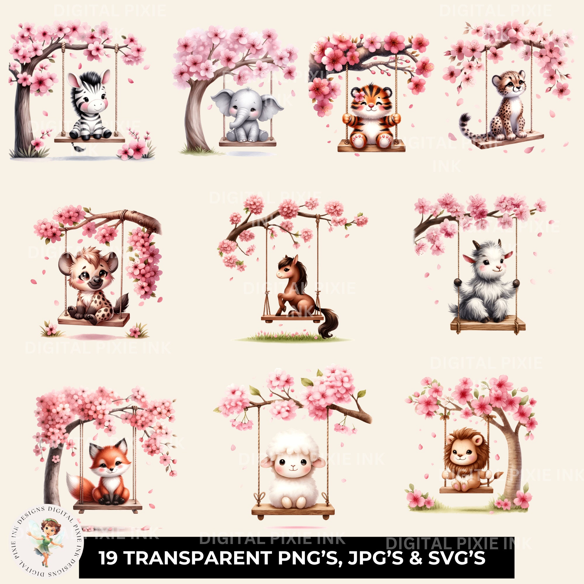 Animals on Swings Clipart Cute Watercolor Baby Safari Woodland Jungle ...
